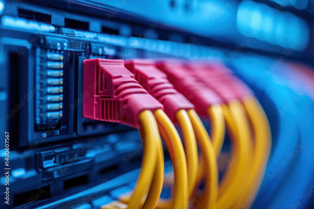 Ethernet cable connected to server rack, with blinking status lights, showing network activity ...