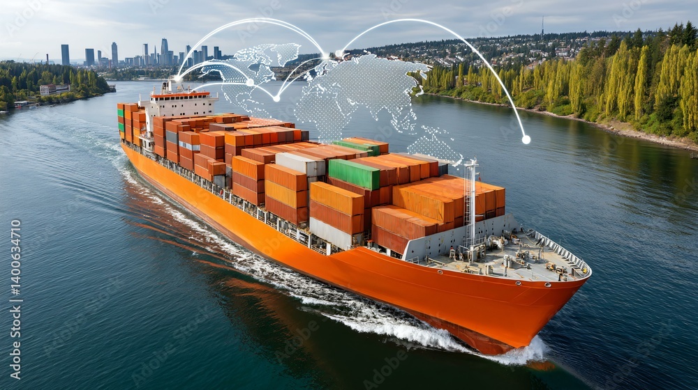 Container ship entering port, tracked with floating data overlays ...