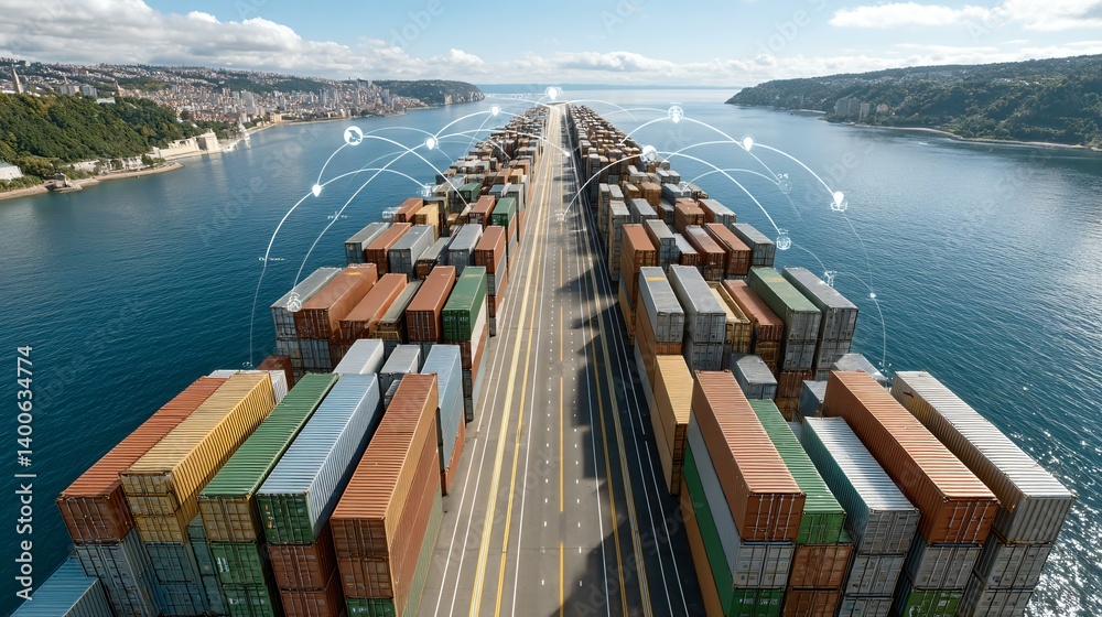 Portside view of container loading with digital path overlays ...