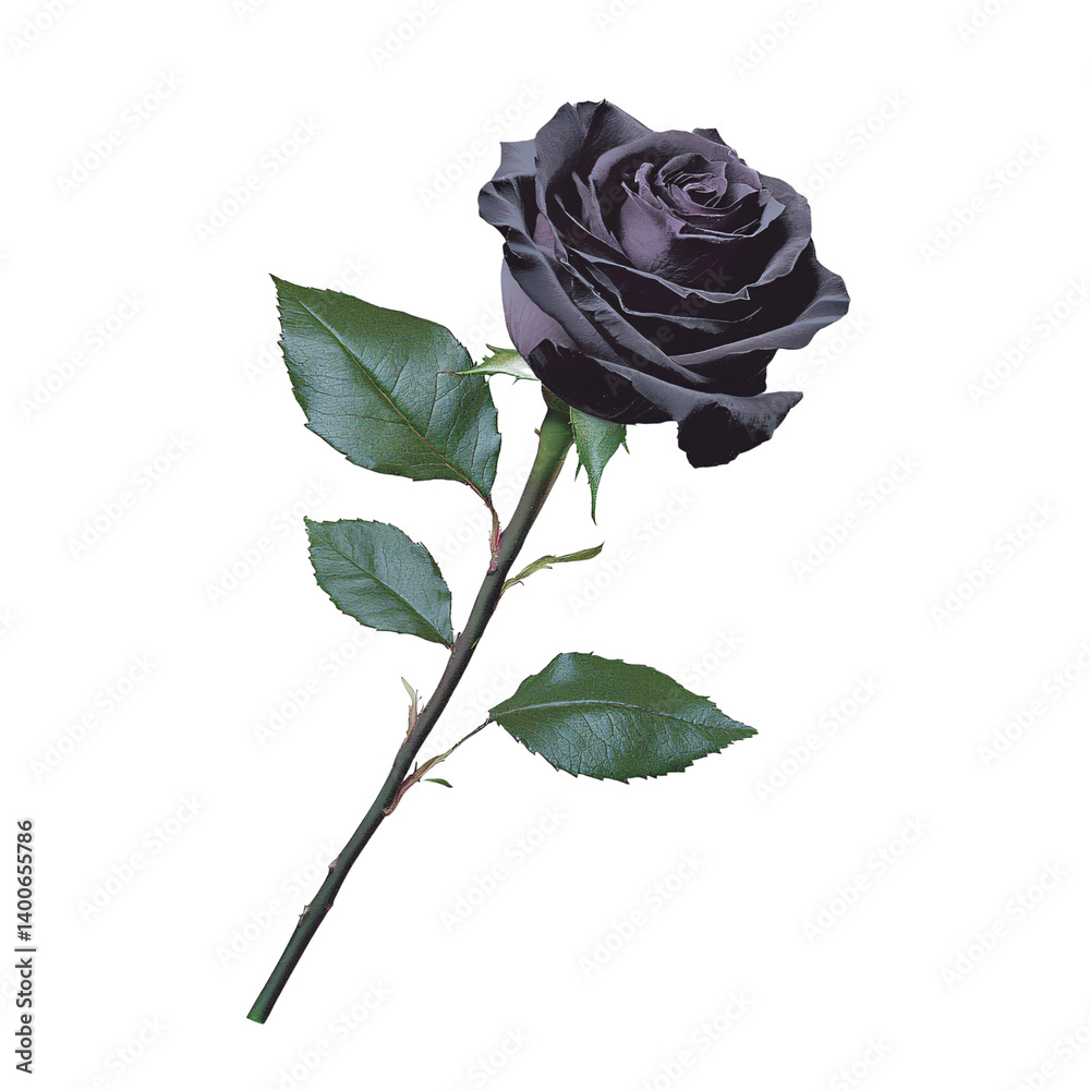 Elegant single black rose with green leaves on a transparent background ...