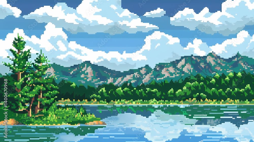 Lac paisible en pixel art. Reflets des montagnes et des nuages blancs ...