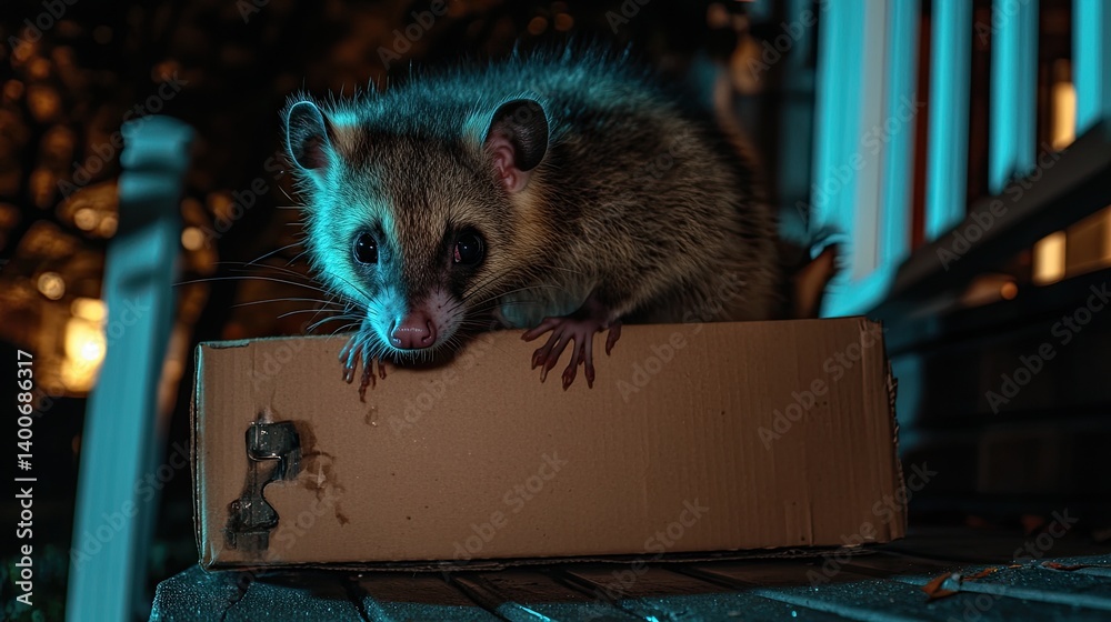A possum clinging to a pizza box on a front porch late at night ...