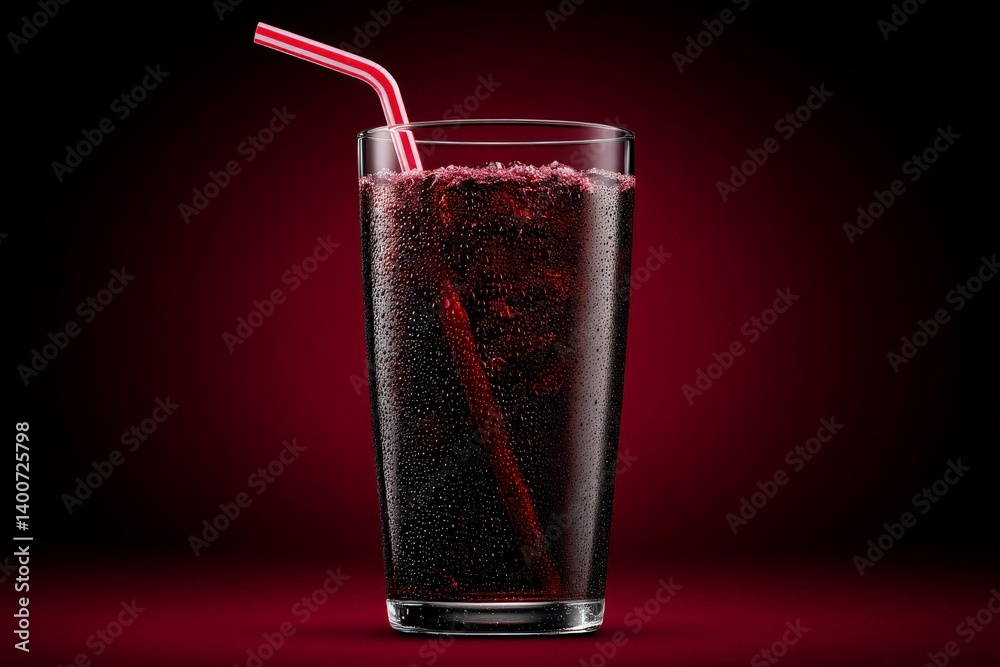 Dark fizzy cola in clear glass with red straw over black red gradient ...