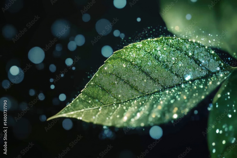 Green leaf transforming into digital pixels illustrating the fusion of ...