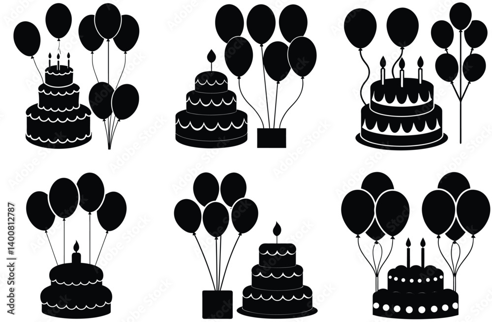 Birthday Cake with Balloon Silhouette Vector Bundle | Happy Celebration ...