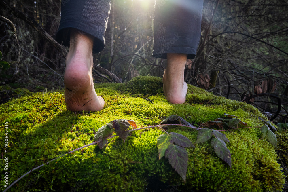 Human feet of an adult male walking barefoot in a forest as a form of ...
