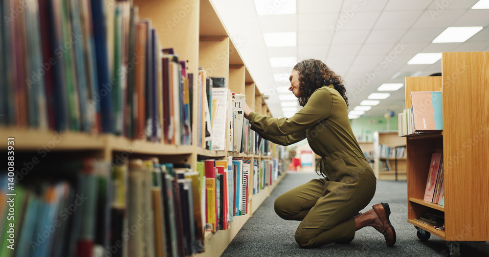 Librarian, woman and books with trolley in library for stock packing ...