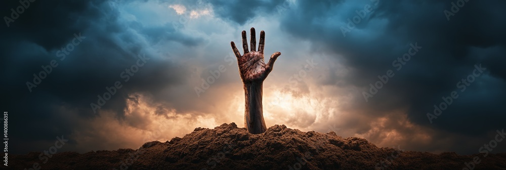 Gory, blood covered zombie hand rising from grave in dirt mound against ...