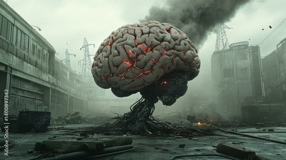 Surreal composition of a human brain morphing into AI structures in a ...