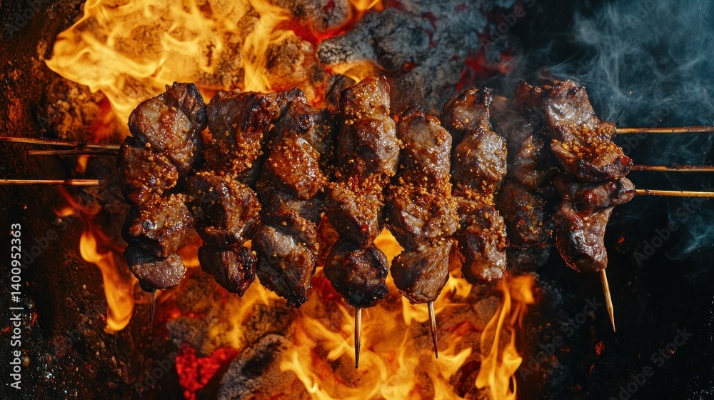 Chinese street food stall with skewers of grilled lamb (chuanr), coated ...