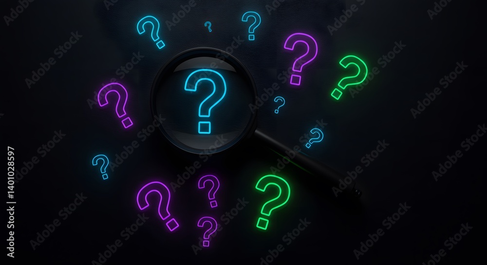 AI image Magnifying glass focuses on a bright blue neon question mark ...