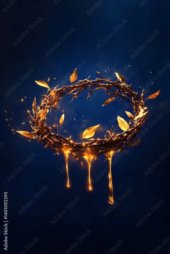 glowing crown of thorns made golden branches and molten drops ...