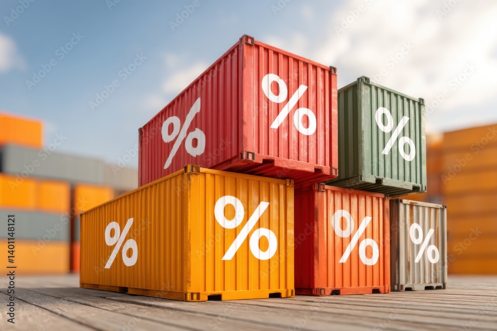 Import export containers stacked with percentage symbols representing ...