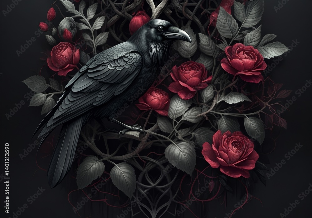 Mysterious raven amidst rose vines in dark setting for gothic decor and ...