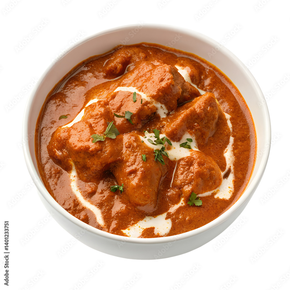 Top view, Indian butter chicken In a white bowl, isolated on a ...