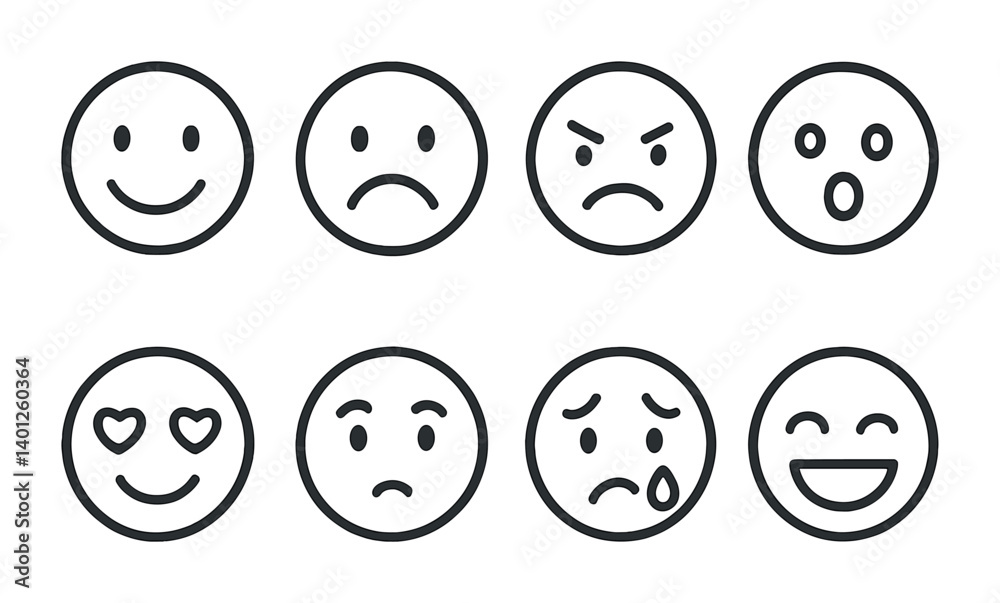 Set of eight simple outline emoji faces displaying various emotions ...