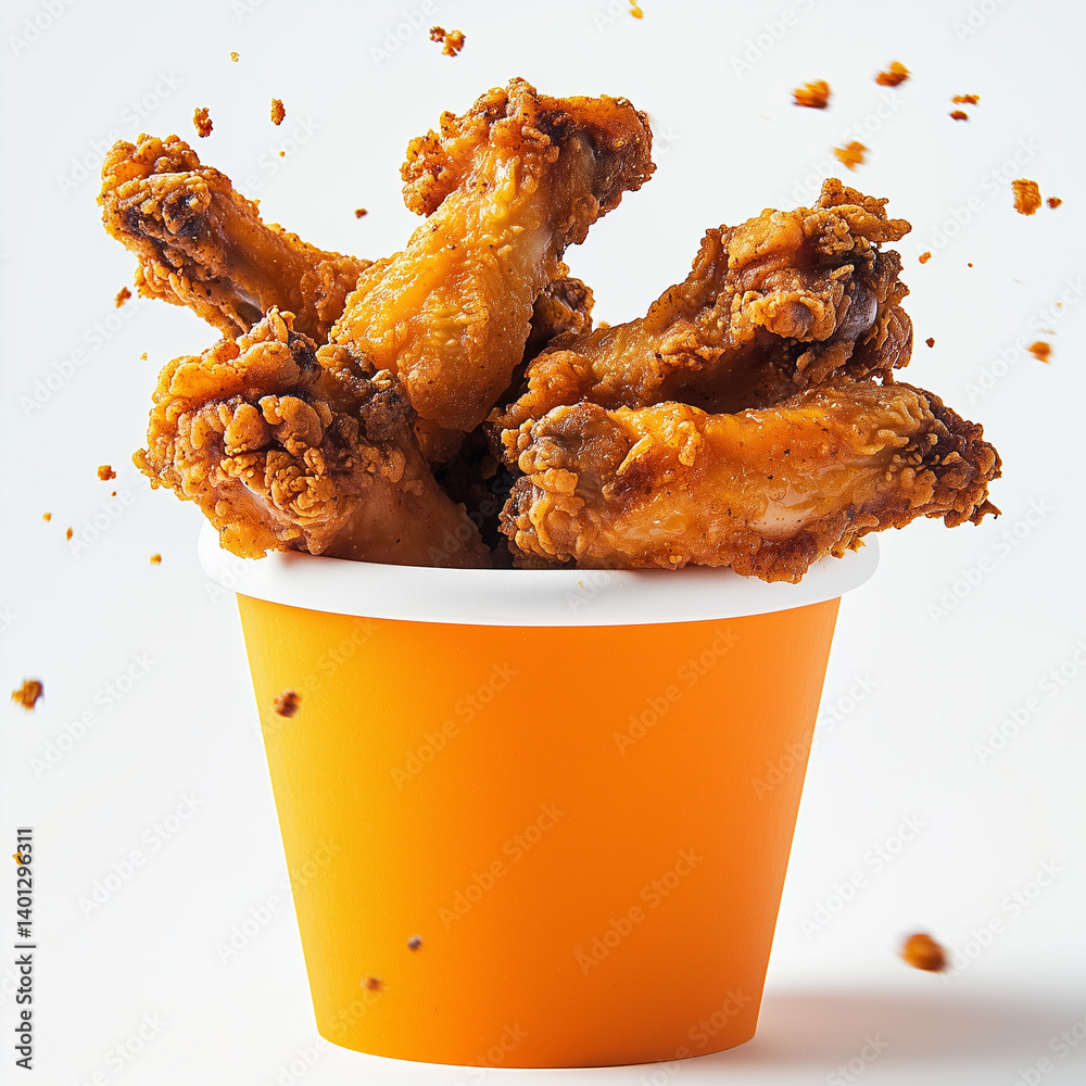 Crispy fried chicken wings in orange paper tub with white rim, flying ...
