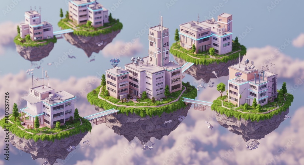 Floating Island Cityscape - Futuristic city buildings on individual ...