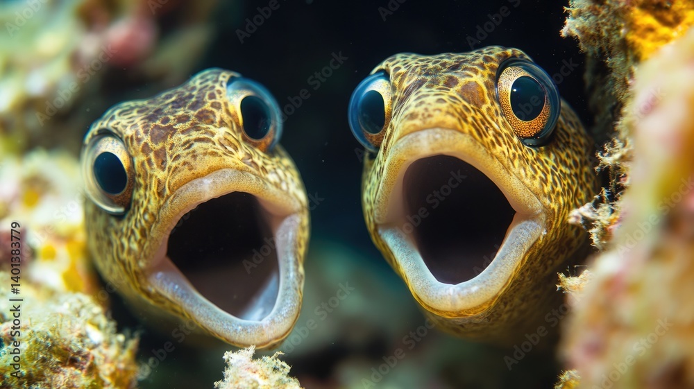 Two surprised fish popping out from coral underwater in a vibrant ocean habitat Stock Photo ...