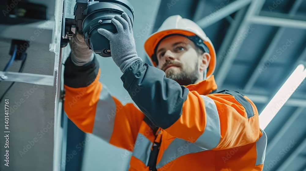 Construction worker wearing hard hat and safety vest installing ...