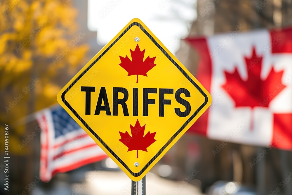 Yellow diamond sign TARIFFS, background of United States flag and ...