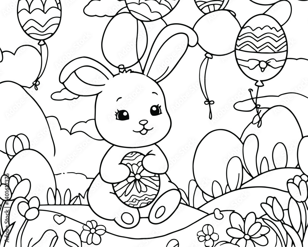 Cute Easter Bunny Coloring Page with Magical Wands, Eggs, and Balloons ...