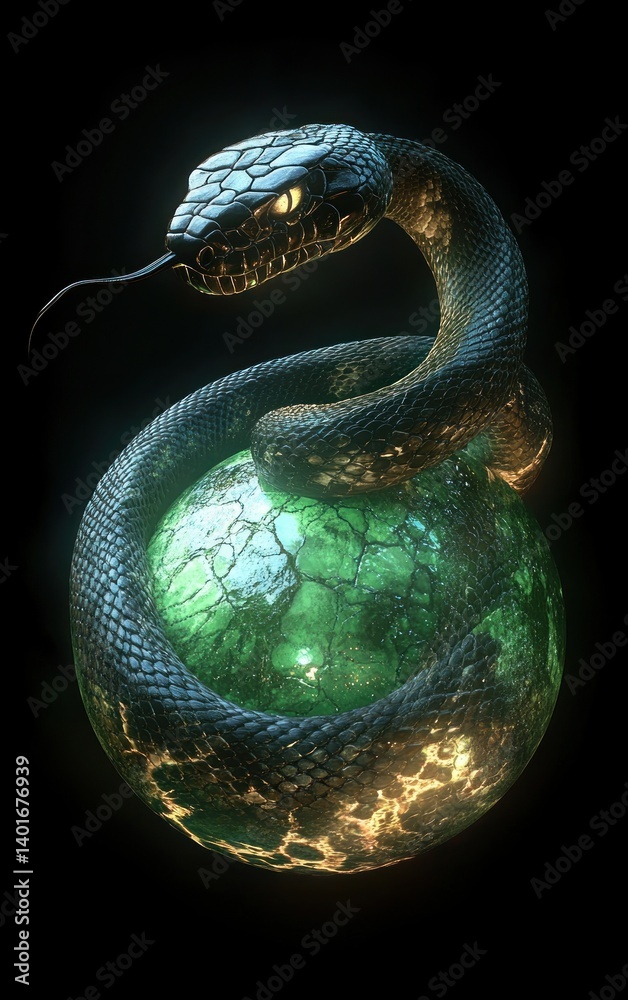 Hyper-Realistic King Cobra Snake Coiled Around Glowing Green Orb ...
