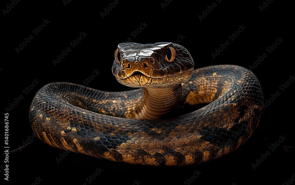 Hyper-Realistic Coiled Rattlesnake Image with Low-Key Lighting on Black ...