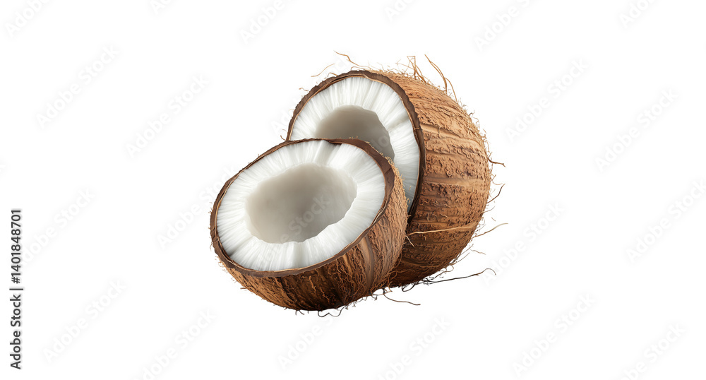 Coconut half and whole with fibrous shell texture, perfect for beach ...