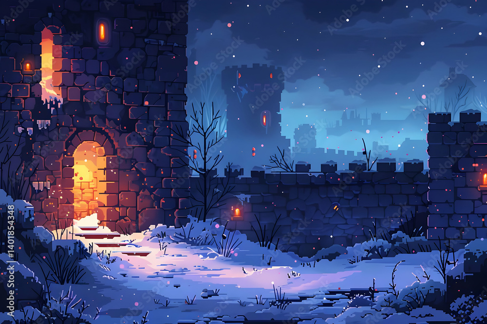 Pixel Art of a Snowy Winter Castle Landscape Under a Night Sky with ...