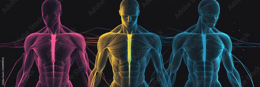 Visual representation of muscle groups with color-coded lines on a ...