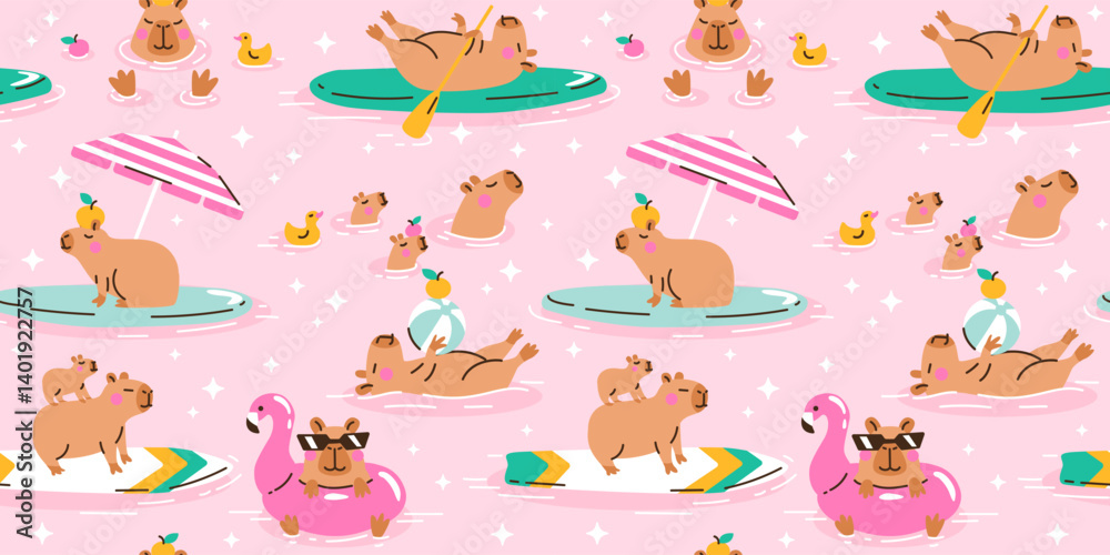 Seamless pattern with Cute capybara swimming in water. Hand drawn ...