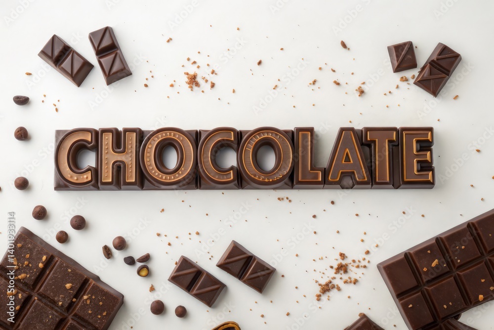 Chocolate typography with 3D letters surrounded by broken chocolate ...