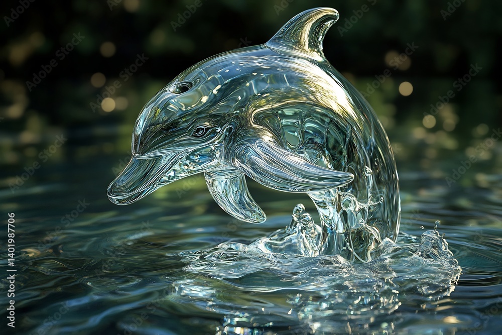 Translucent glass dolphin made entirely of water frozen in a dynamic ...
