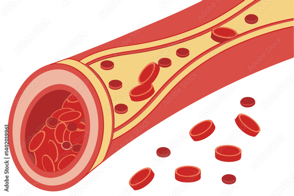 28 Medical illustration, cross-section of blood vessels, red blood ...