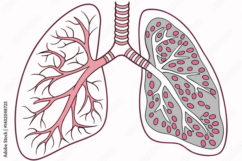 40 Anatomical illustration, human lungs, alveoli detail, bronchial ...