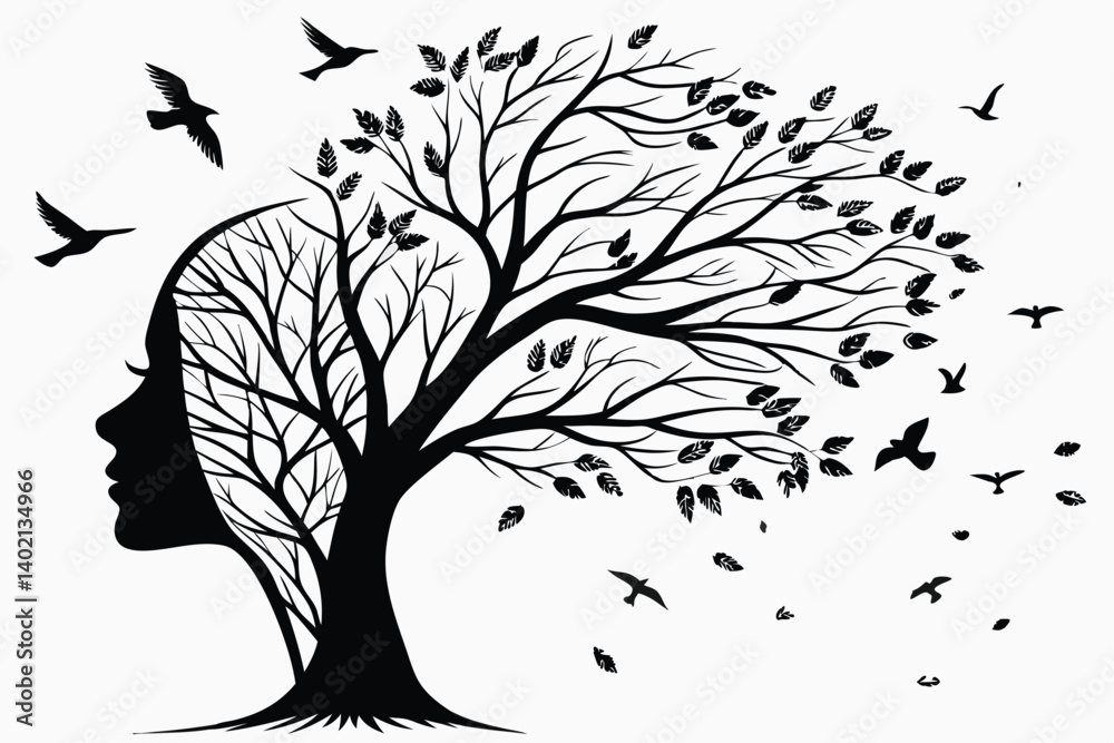 72 Black and white illustration, surreal tree, human head profile ...