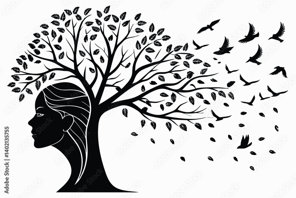 72 Black and white illustration, surreal tree, human head profile ...