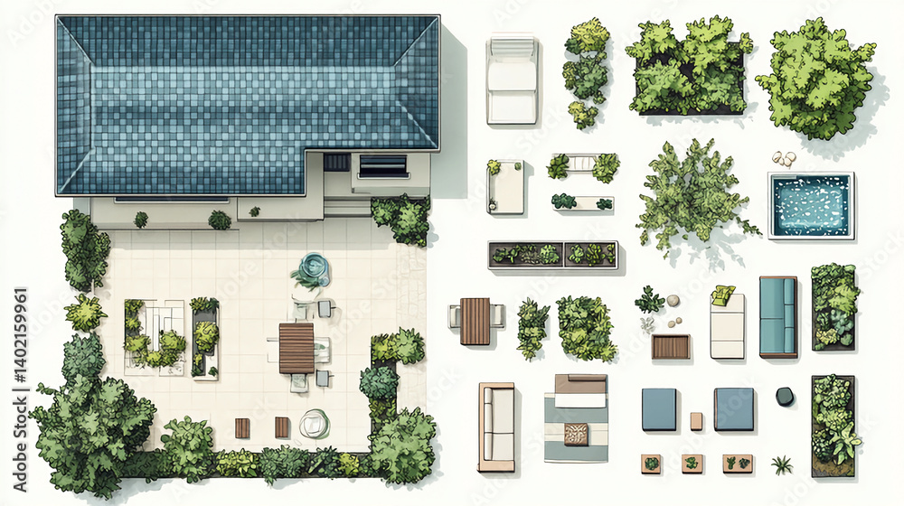 Landscape design plan aerial view for backyard garden patio with ...