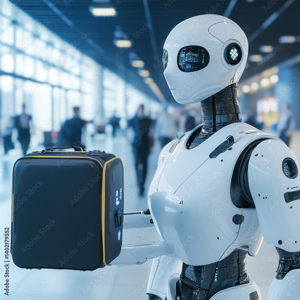 Robot Assistant with Case in Modern Airport Environment Stock Photo ...