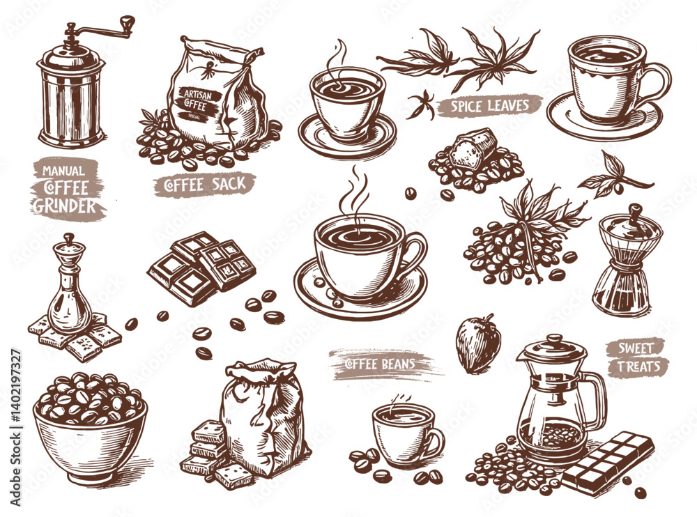 doodle cartoon coffee shop icons drawing style. vector outline hand ...