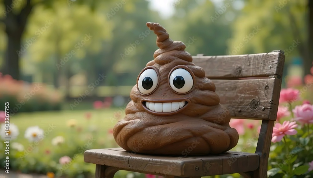 Brown poop animation with smile expression, on wooden chair at park ...