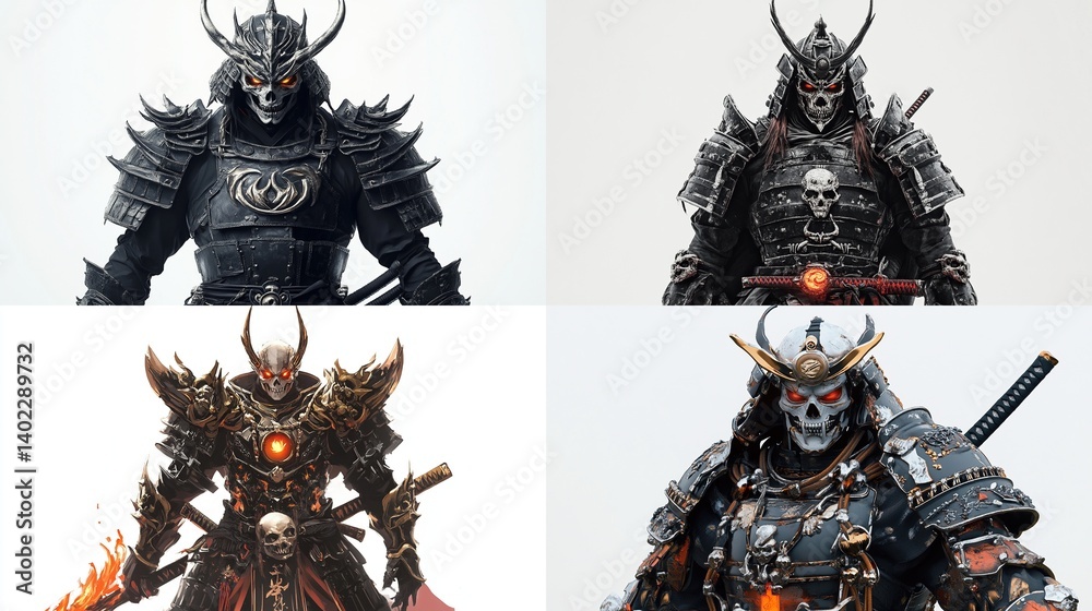 Four variations of a skull-faced samurai warrior in detailed armor ...