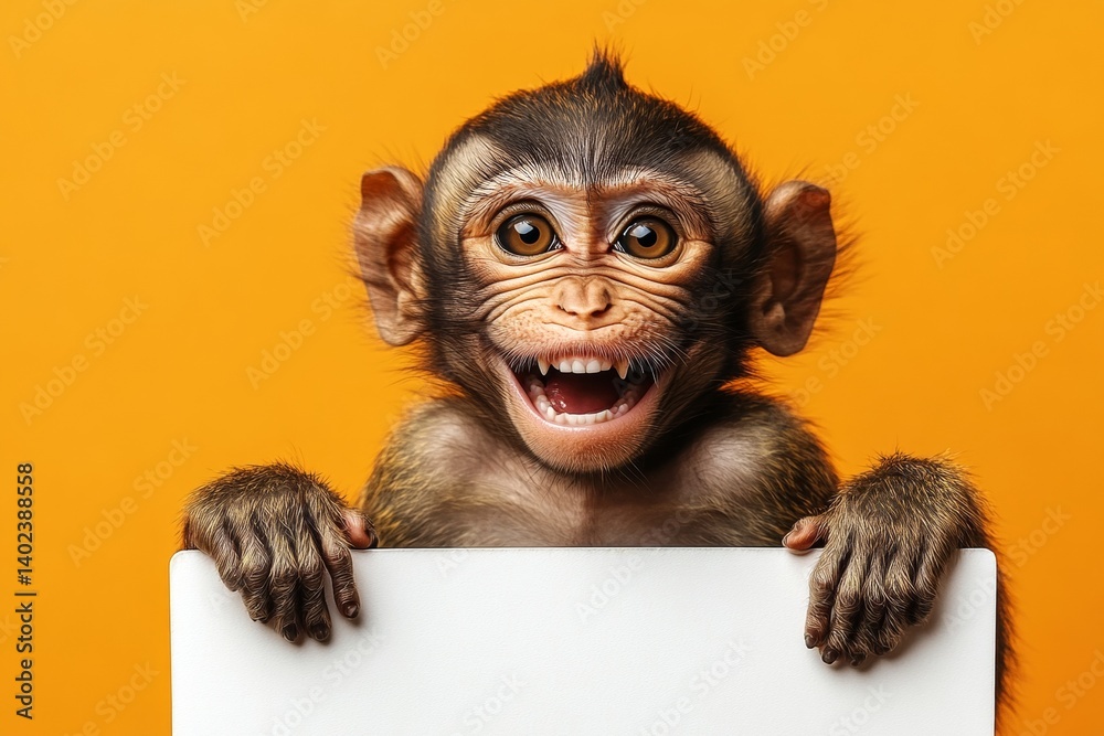 Animal holding blank sign. Creature in frame ad. Isolated baby animal ...