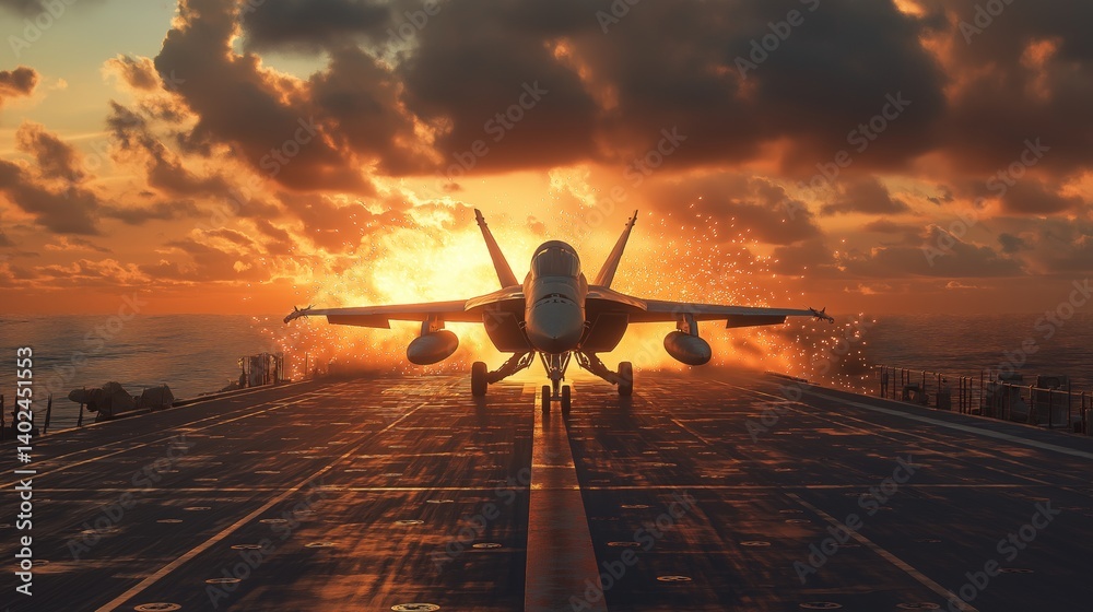 Fighter jet taking off from aircraft carrier at sunset. Powerful jet ...