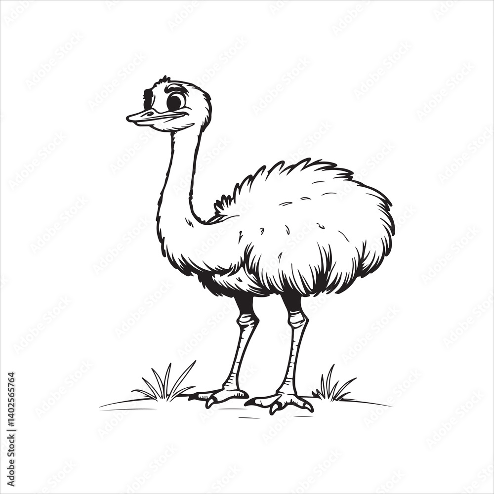 Ostrich Line Art Drawing for Coloring Book, Cute Ostrich Outline Vector ...