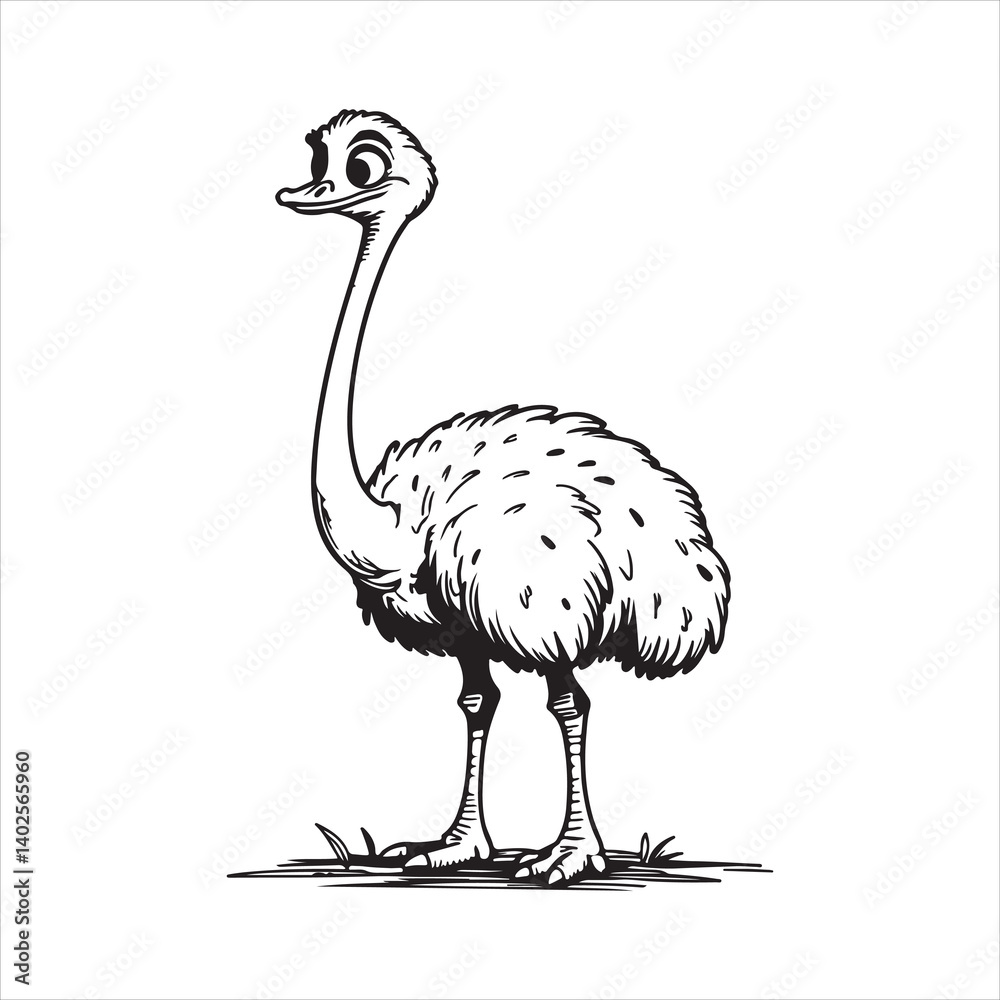 Ostrich Line Art Drawing for Coloring Book, Cute Ostrich Outline Vector ...