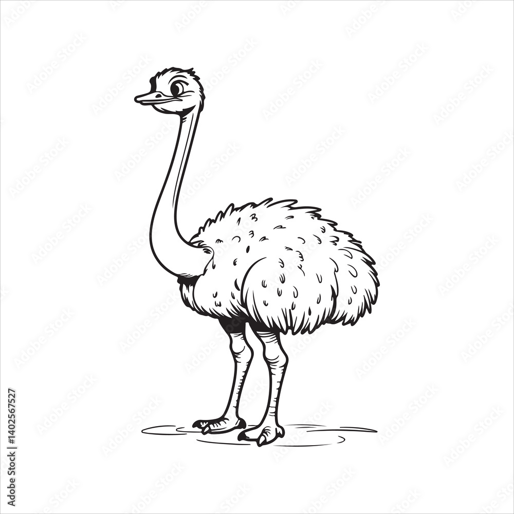 Vector de Stock Ostrich Line Art Drawing for Coloring Book, Cute ...