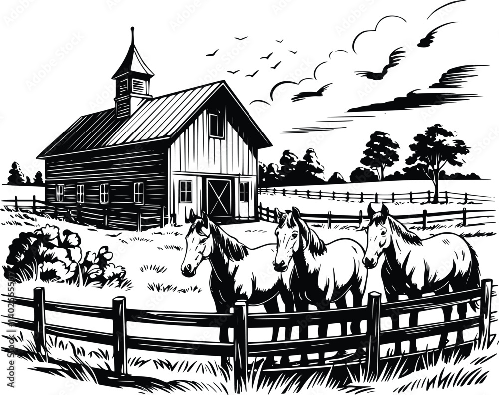 Horses Farm Barn PNG Bundle | SVG | DXF | Laser Burn | Stock Vector | Adobe Stock