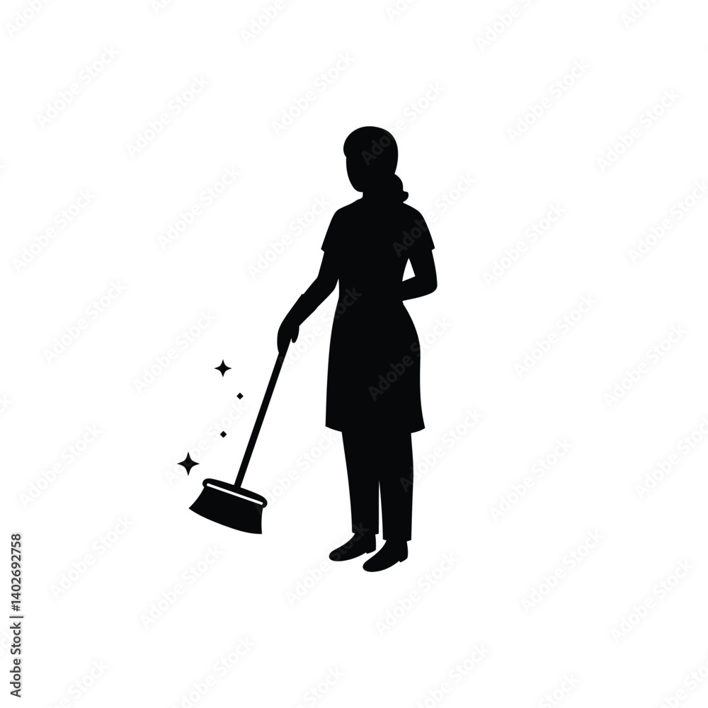 Cleaning lady silhouette. A woman is depicted sweeping with a broom ...